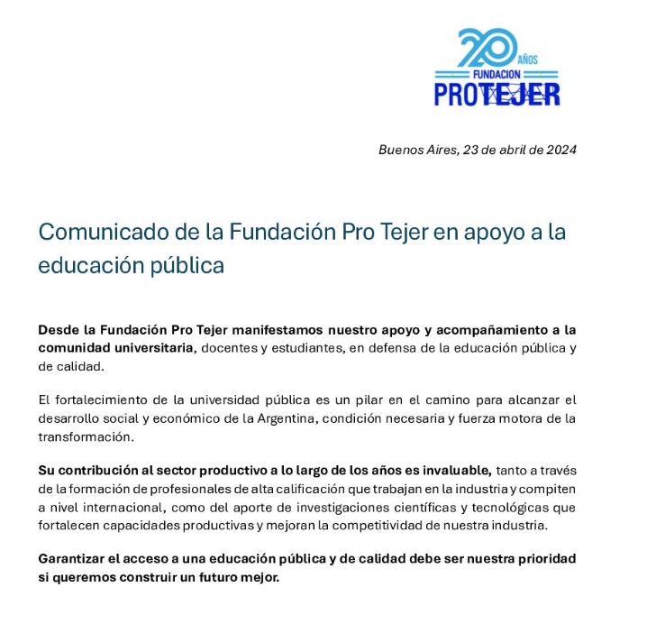 Comunicado en apoyo a la educación pública - Fundación Pro Tejer